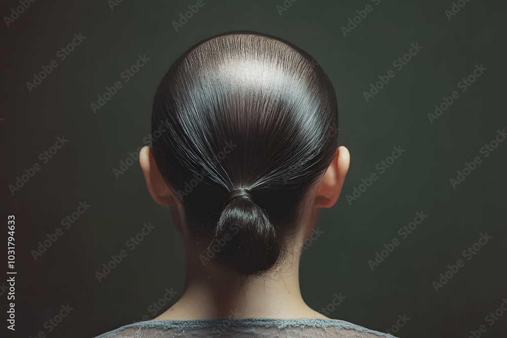 Back view of woman with sleek bun hairstyle, smooth shiny hair, elegant ...