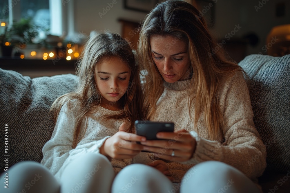Parental monitoring of teens. Curious mother spying daughter, girl messaging on smartphone on ...