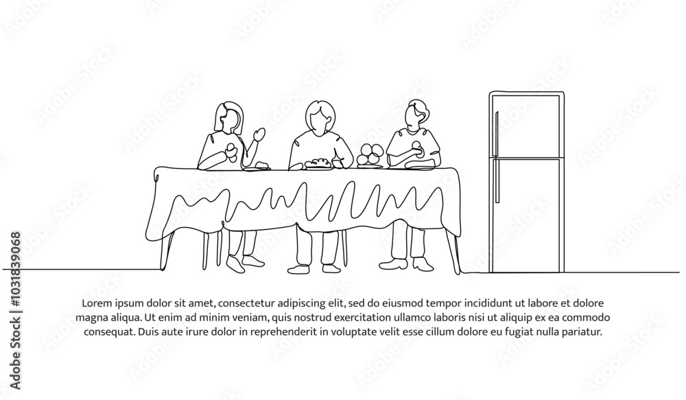 Continuous line design of eating with family. Single line decorative ...