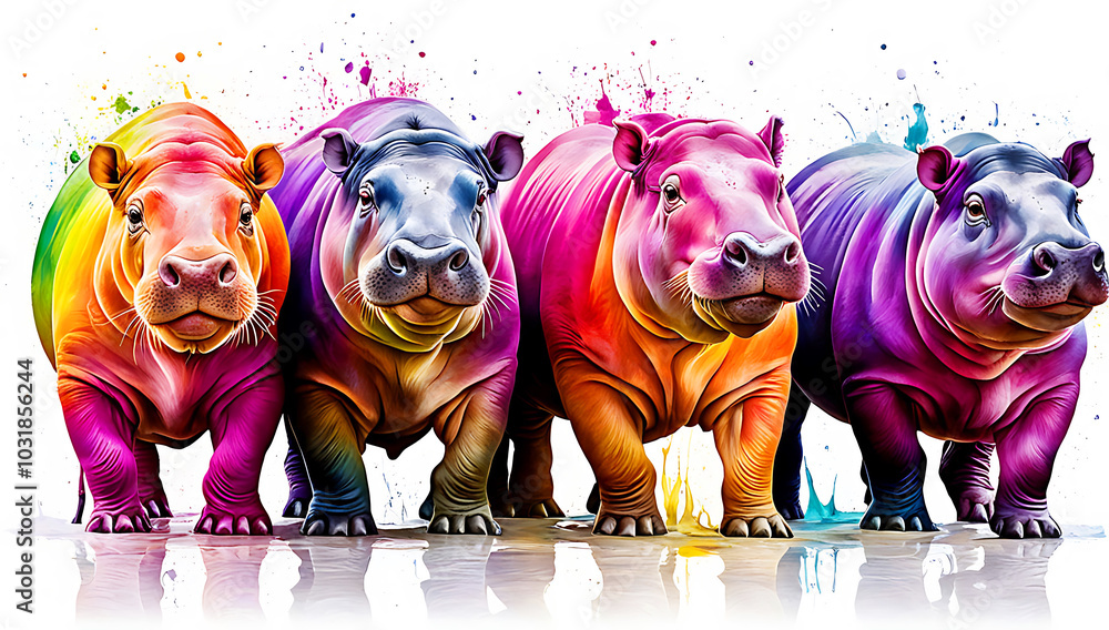Vibrant and colorful digital artwork featuring four hippos standing ...