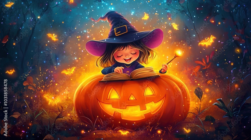Happy Halloween! Cute cheerful little witch with a magic wand and book ...
