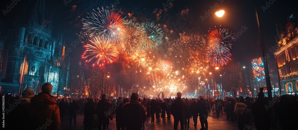 Crowd of people watching a firework display in the city at night. Stock ...