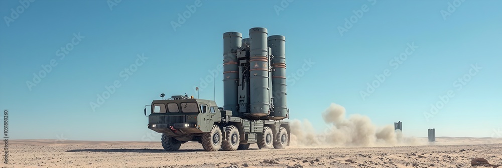 Advanced missile systems mounted on heavily armored military trucks ...