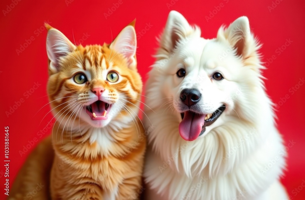 Beautiful ginger cat and white Samoyed dog on a bright red background ...