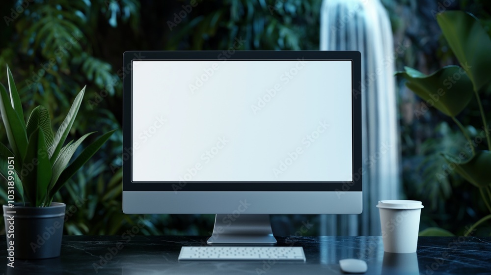 Office workplace with monitor mockup against tropical jungles ...