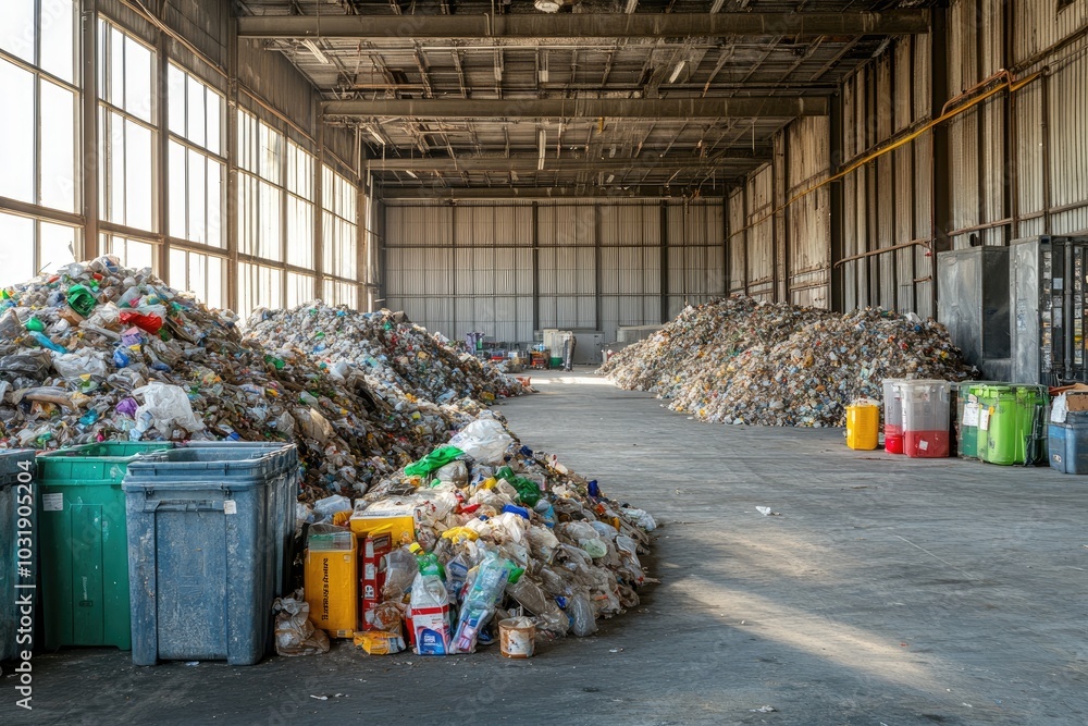 Pile of garbage overflowing in recycling center warehouse Stock Photo ...
