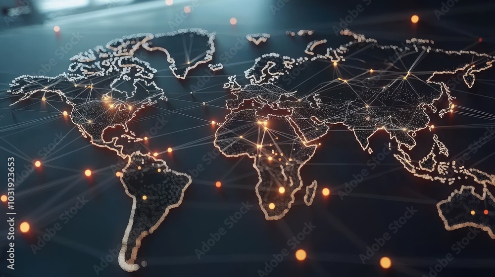 Modern 3D world map with interconnected nodes, communication lines, and ...