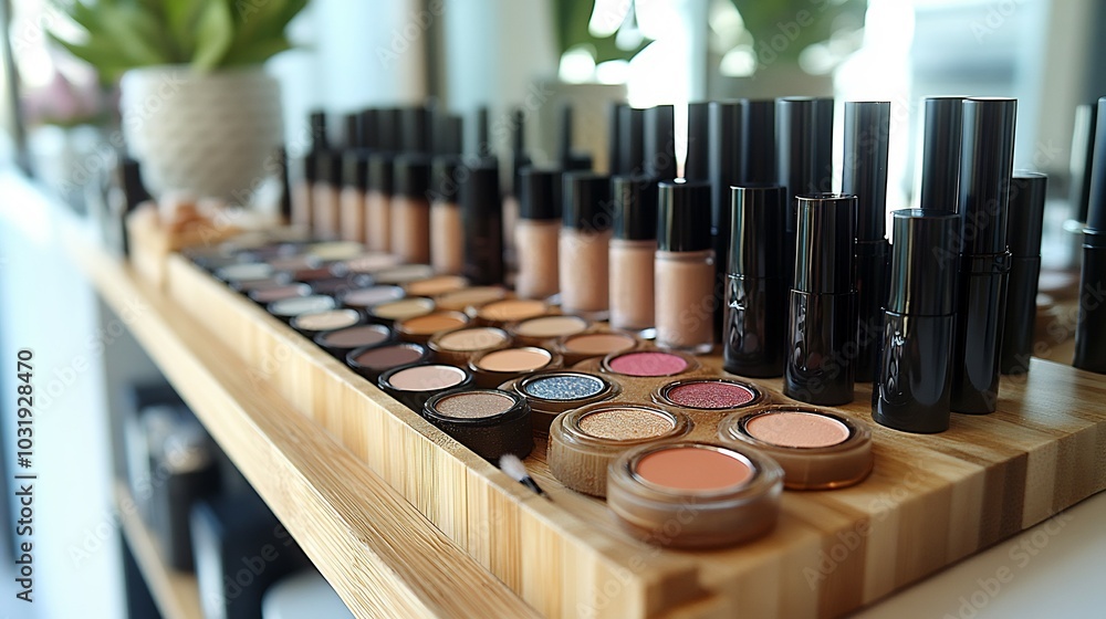 Streamlined makeup presentation neutral color palette beauty products ...