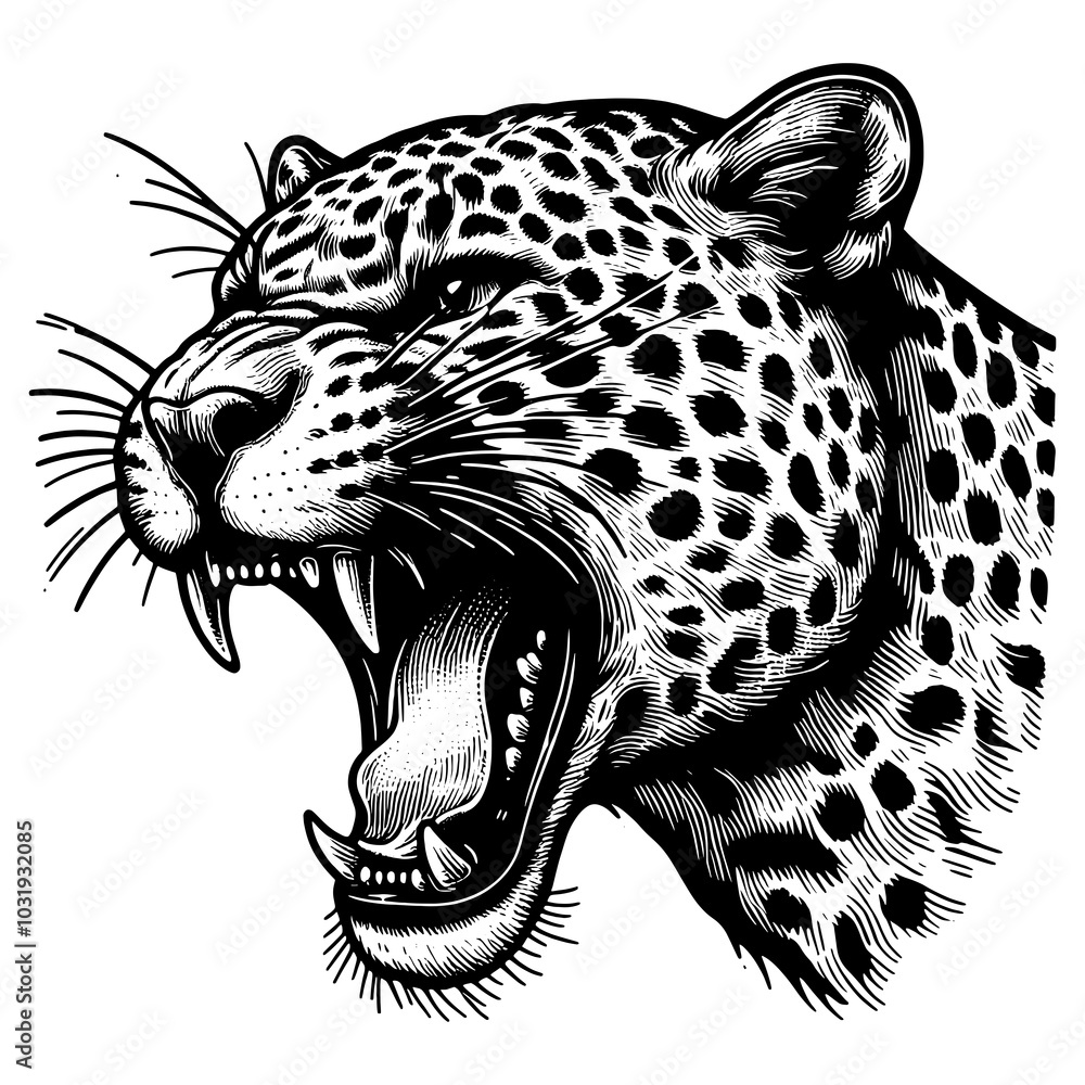 leaping leopard, roaring with fierce expression and sharp teeth. Tattoo ...