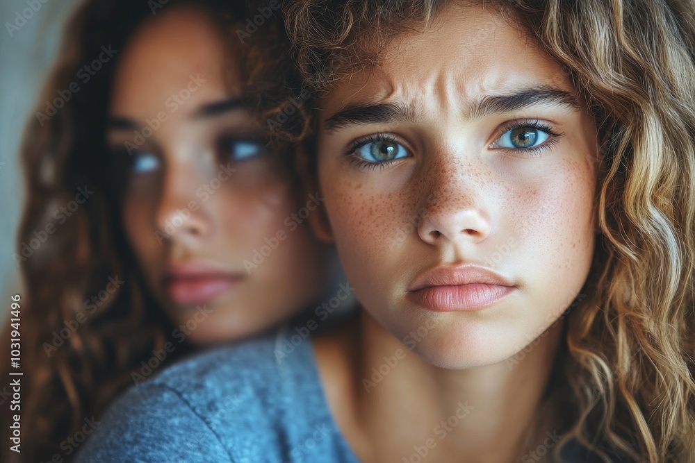 Worried mom comforting depressed crying teen daughter, mother supporting sad teenage girl having ...