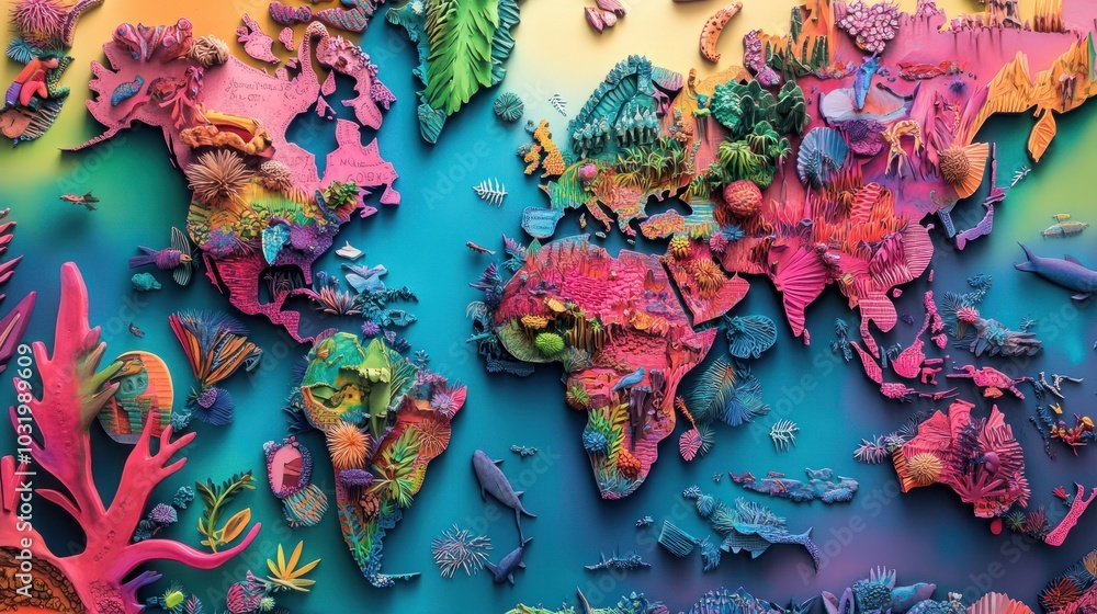 A brightly colored world map showing unique wildlife and natural ...