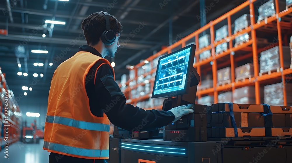 Logistics Worker Using Autonomous Robots to Sort and Transport Goods in ...