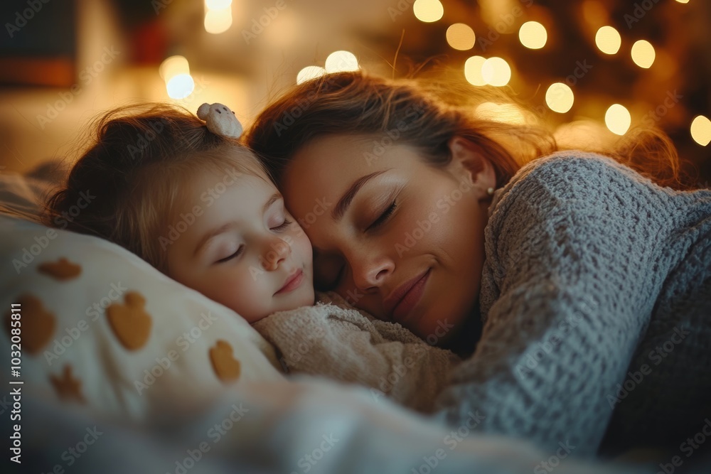 Peaceful loving mother hugging daughter sleeping together with child in ...