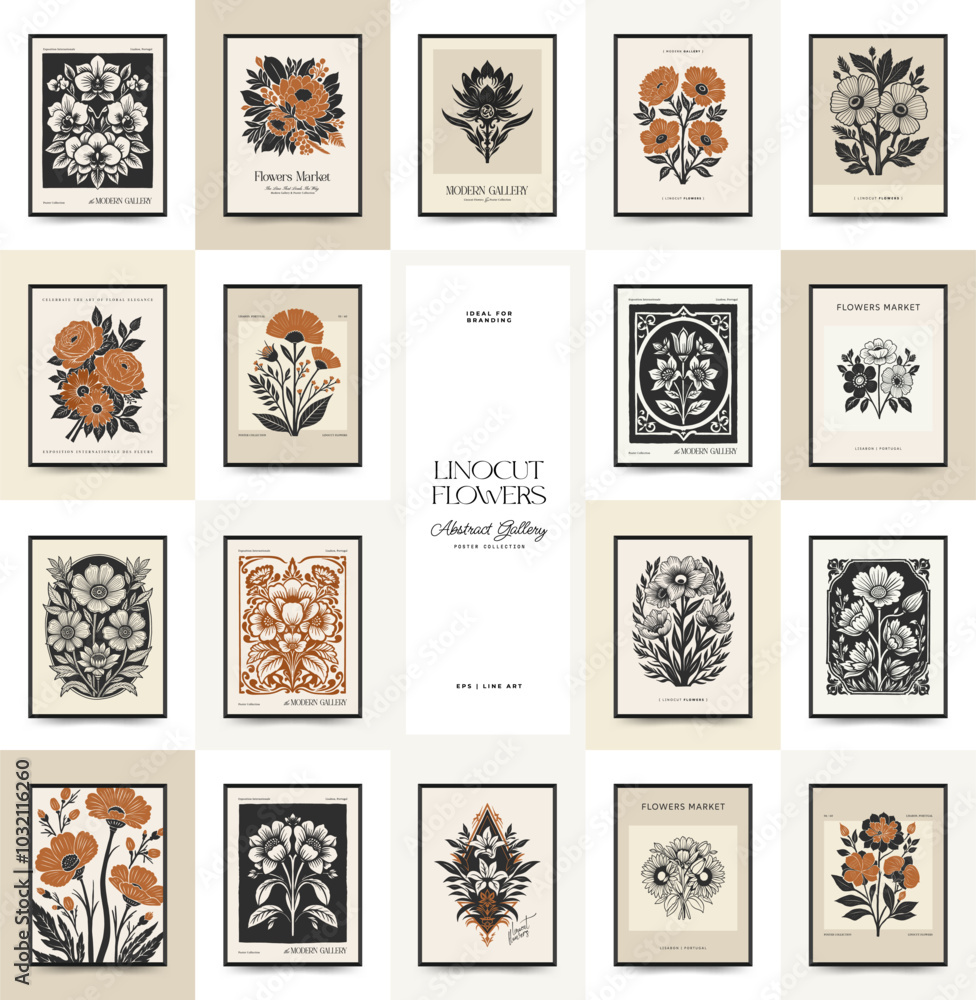 Abstract linocut floral posters template. Modern trendy minimal style ...