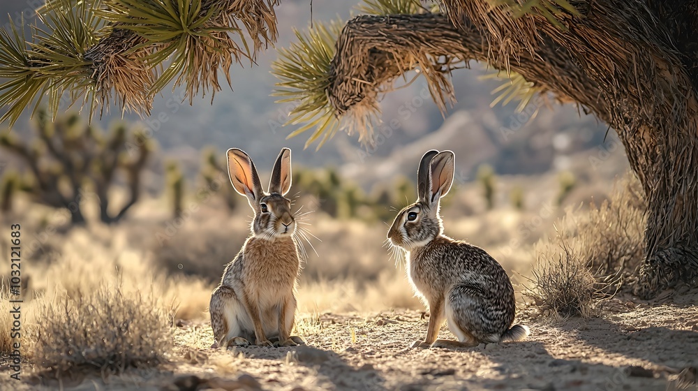 Vigilant Jackrabbits Resting Under Spiky Joshua Tree in Arid Desert ...