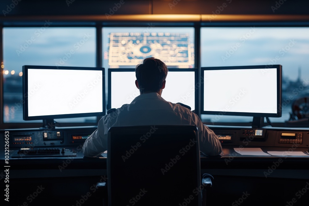 Maritime officer monitoring ship controls at a modern console Stock ...