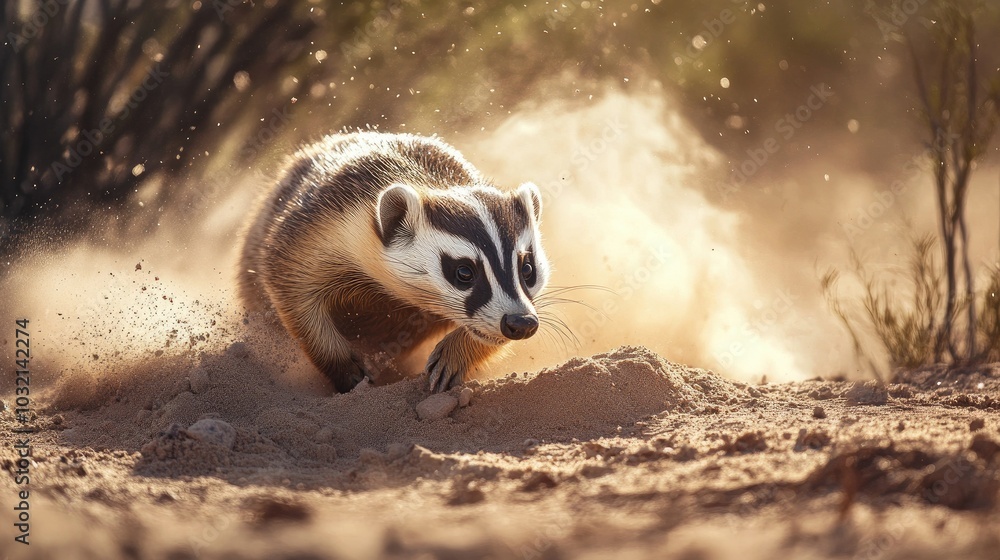 American badger digging a burrow in the arid desert ground, dust flying ...