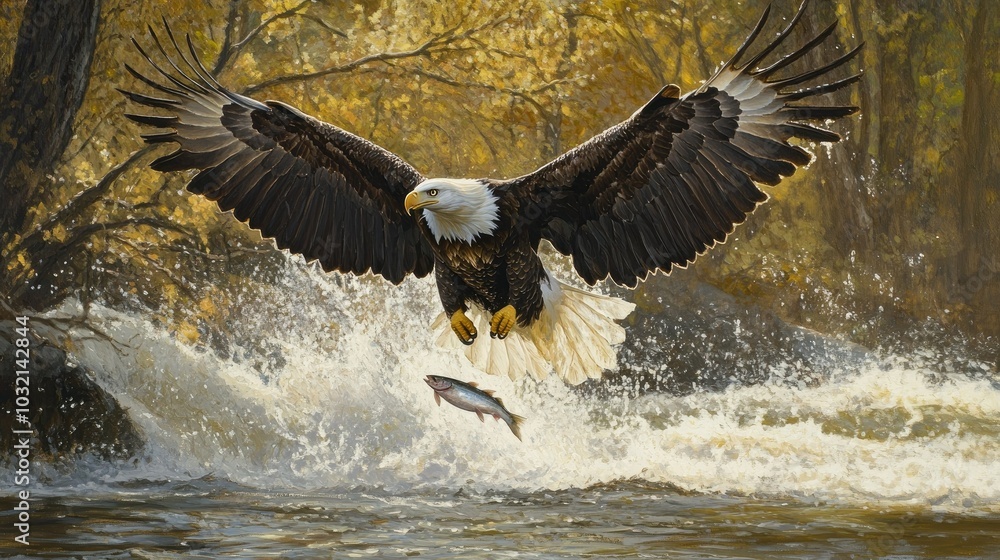 Bald eagle catching a fish from a river, its wings spread wide as it ...