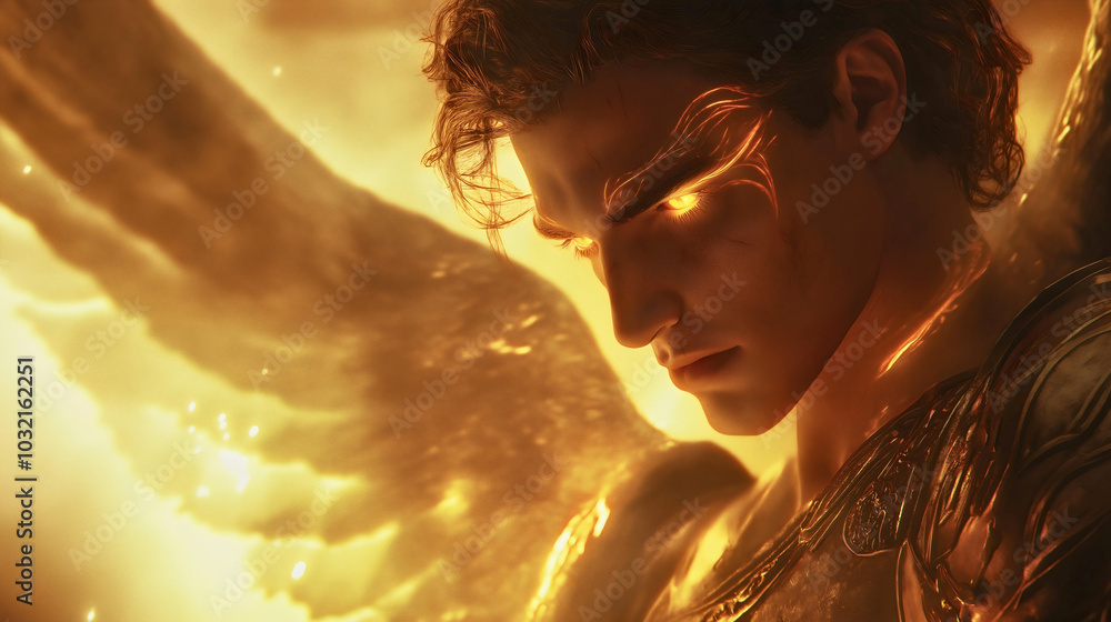 Archangel Uriel from the Bible is illuminated by his flames as he ...