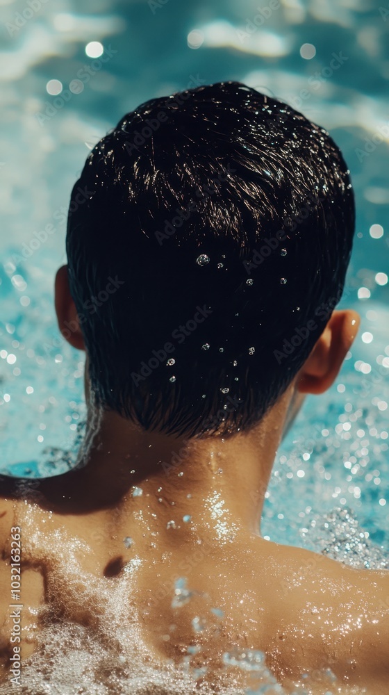 Swimmer struggling with shoulder pain by the poolside, water droplets ...
