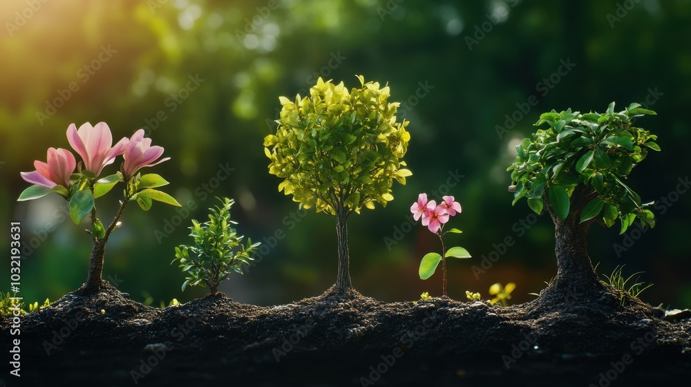 Growth roadmap of a tree, from sapling to full bloom, highlighting ...