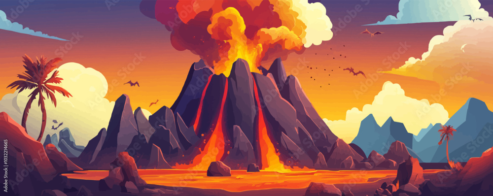 Volcano eruption with flowing lava and smoke cloud on island. Cartoon ...
