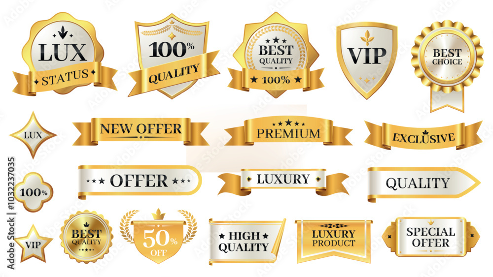 Elegant glossy labels. Vintage golden stickers with premium quality and ...