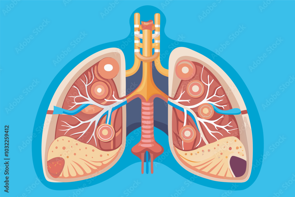Educational illustration of human respiratory system. Shows lungs, trachea in cross-section ...
