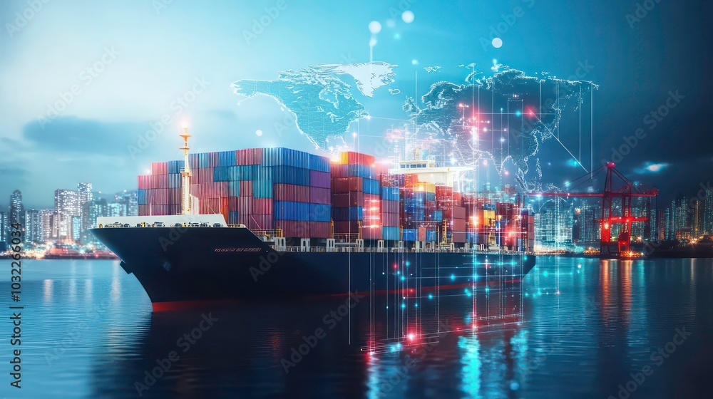 Cargo ship with containers in the harbor with a digital world map in ...