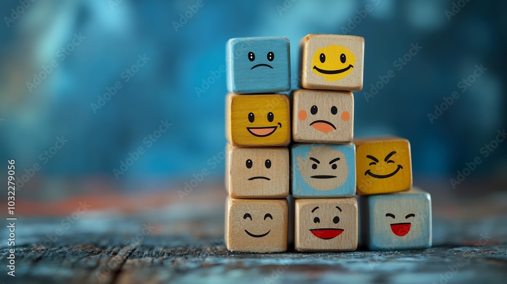 Blue background featuring stack of wooden cubes with various emotion ...