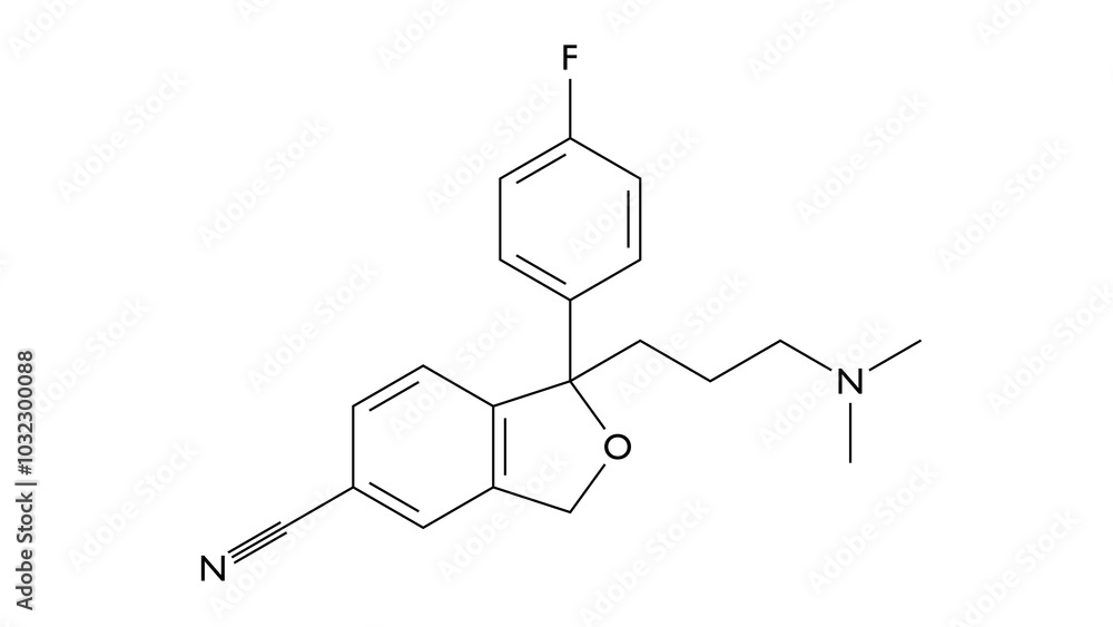 escitalopram molecule, structural chemical formula, ball-and-stick ...