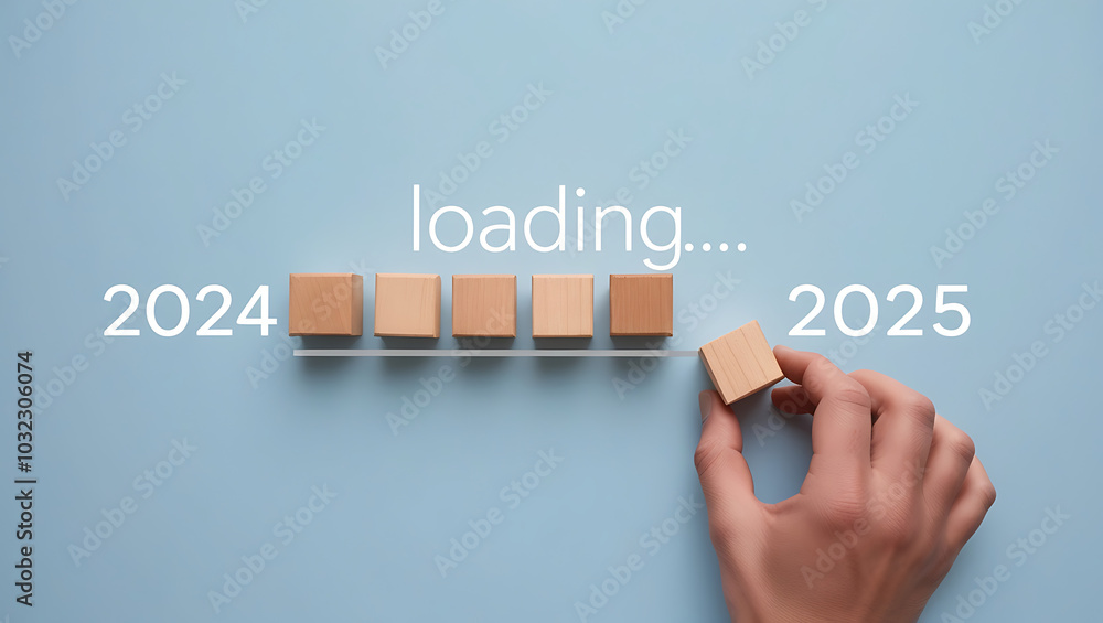 2025 loading, 2024 to 2025 loading wooden bar. A hand places wooden ...