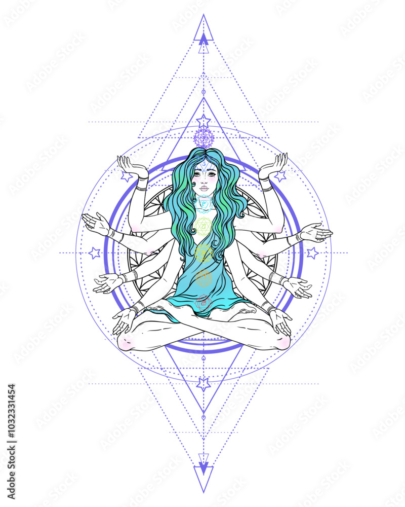 Beautiful woman with long hair and multiple hands sitting in lotus yoga ...