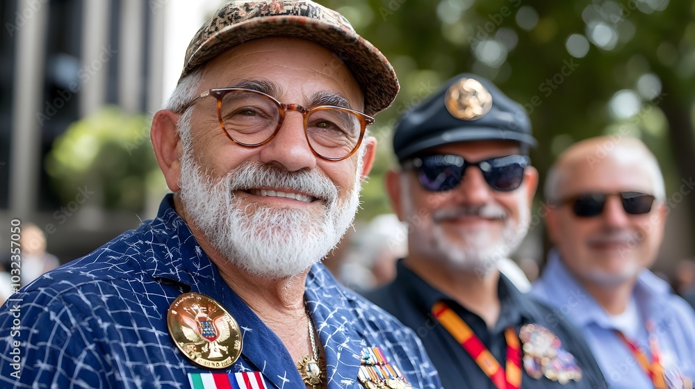 Proud parade of veteran soldiers marching down the street wearing their ...