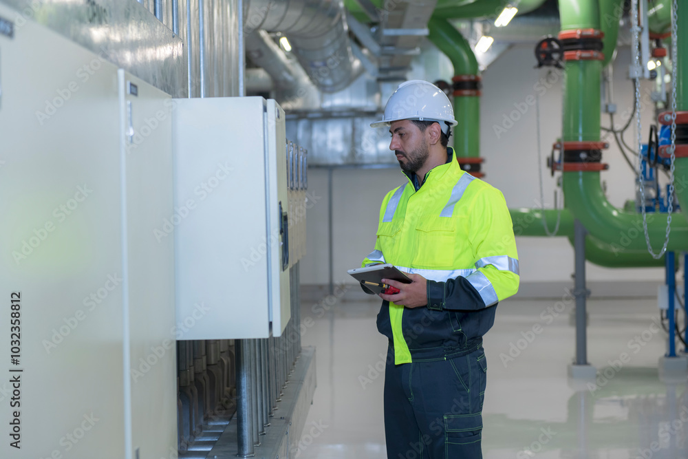 Engineer work in Industrial chiller HVAC heating ventilation air ...