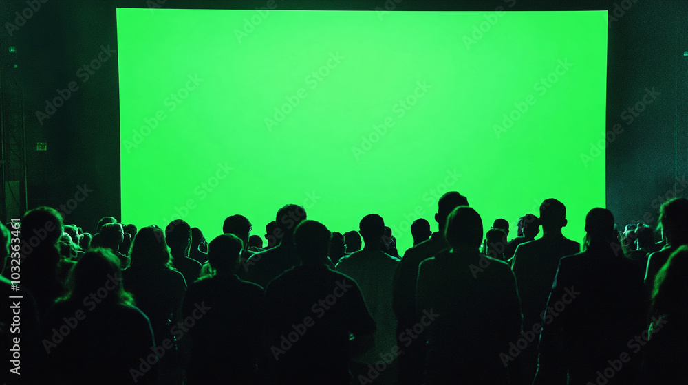 3d realistic render of a crowd looking to big huge green screen monitor ...