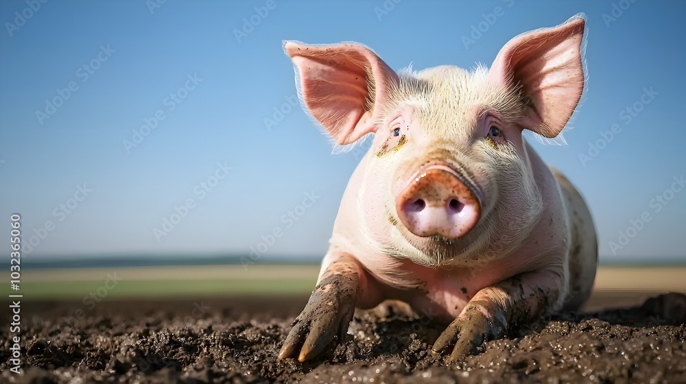 Contented pigs peacefully wallowing in the mud on a traditional ...