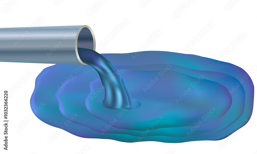 Blue water flowing from tube. Industrial pipe releases toxic waste into ...
