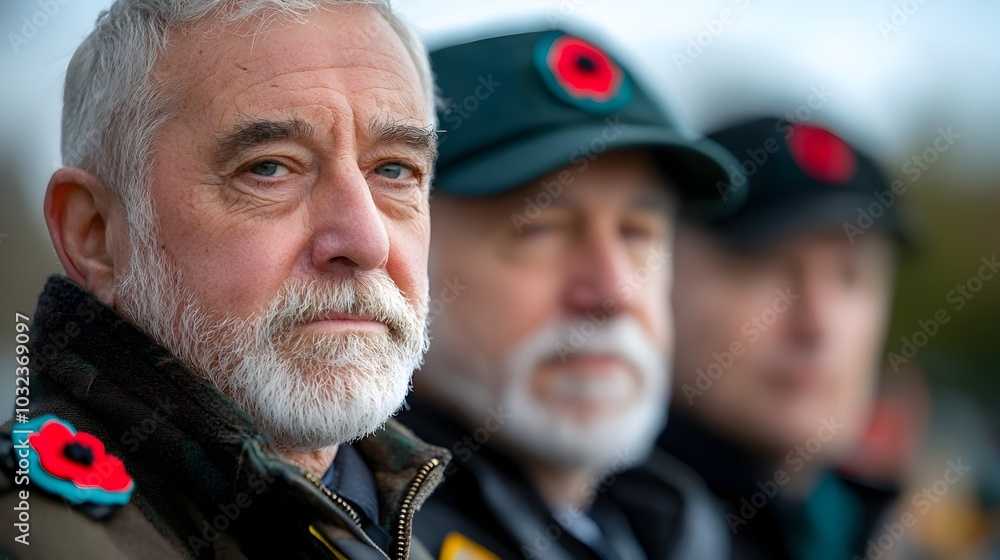 Veterans standing together at a remembrance ceremony wearing jackets ...