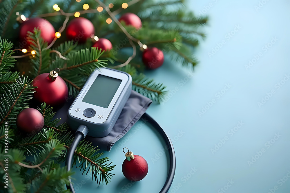 Blood pressure monitor placed on a festive Christmas background with ...
