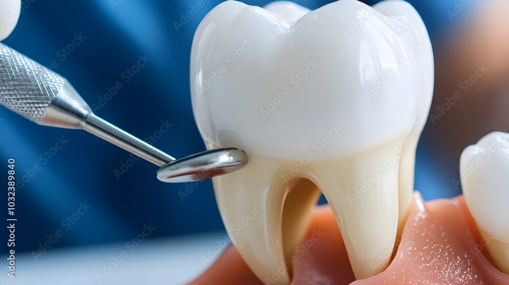 Detailed dental examination featuring a large tooth specimen and metal ...