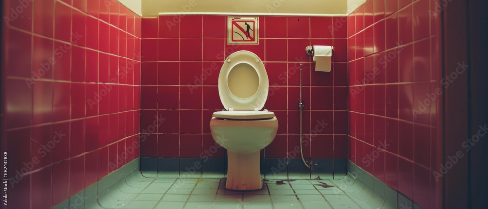 Description of a neglected public restroom with a damaged white toilet ...