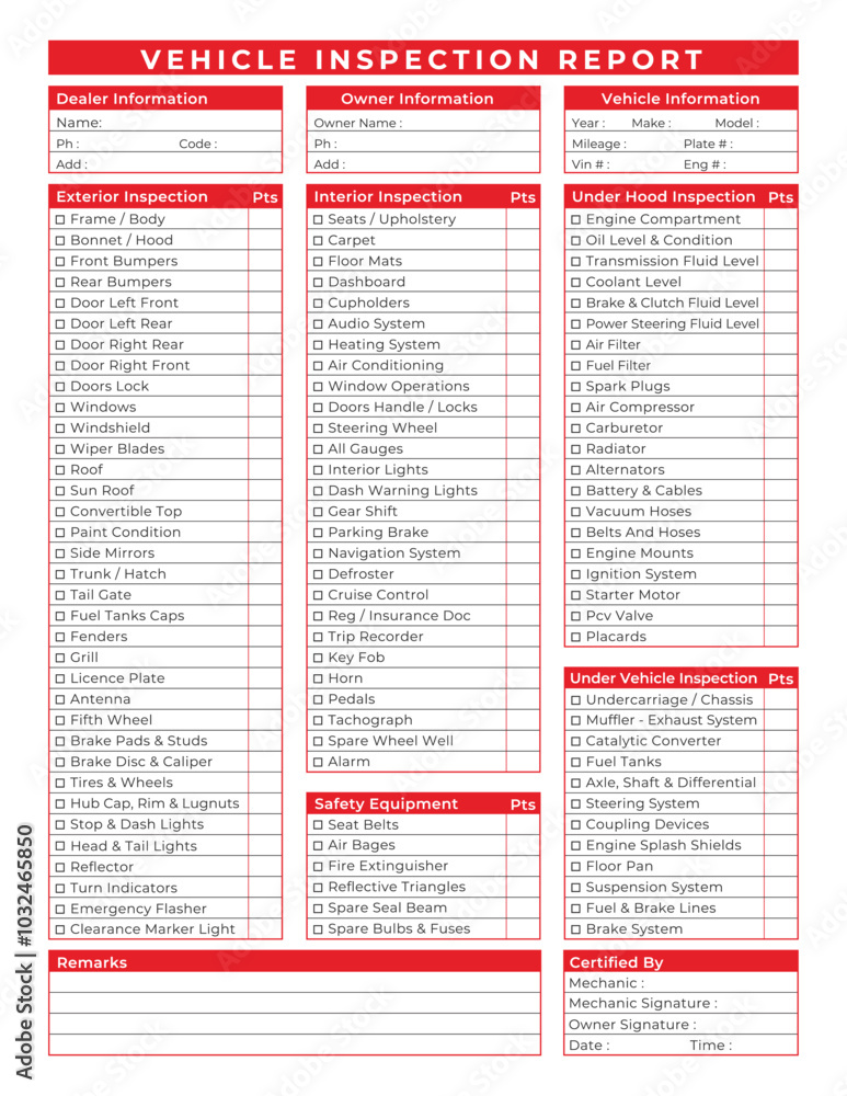 Vehicle Multi-Point Inspection Form. Vehicle Inspection Report Log Book ...