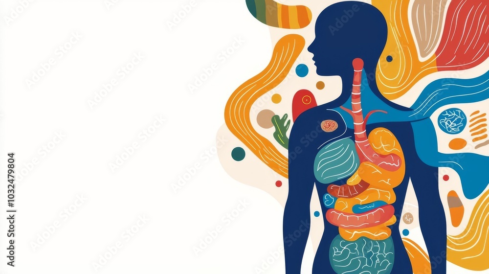 Abstract art of a human body with the digestive system made of colorful ...