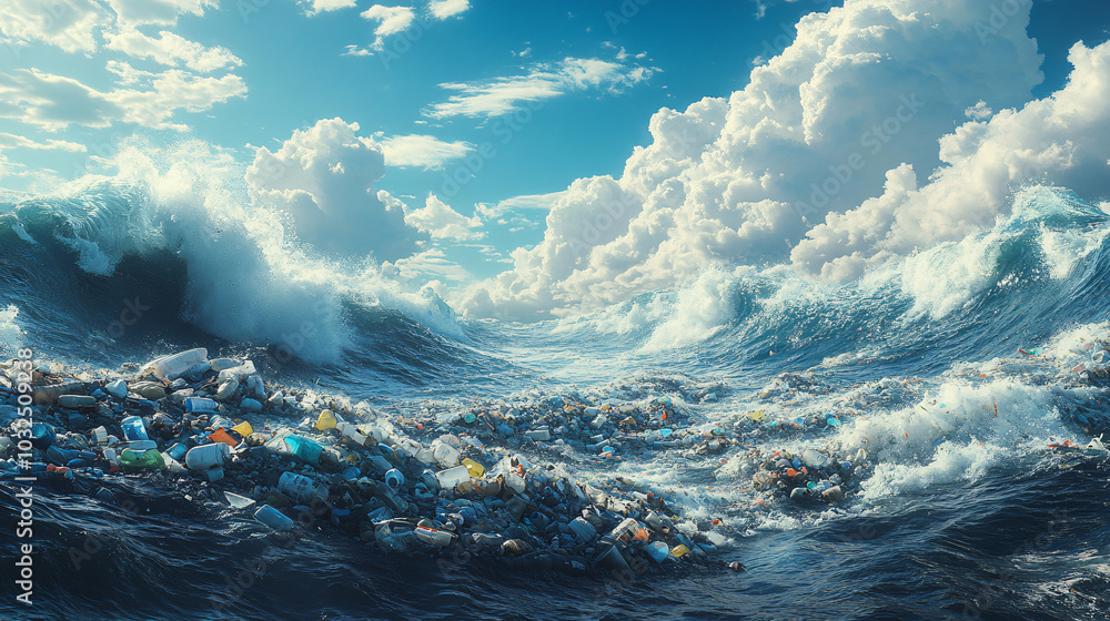 Vast ocean scene filled with floating garbage, highlighting ...