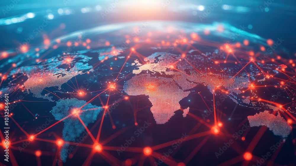 Global network of interconnected digital lines and nodes forming a futuristic world map ...