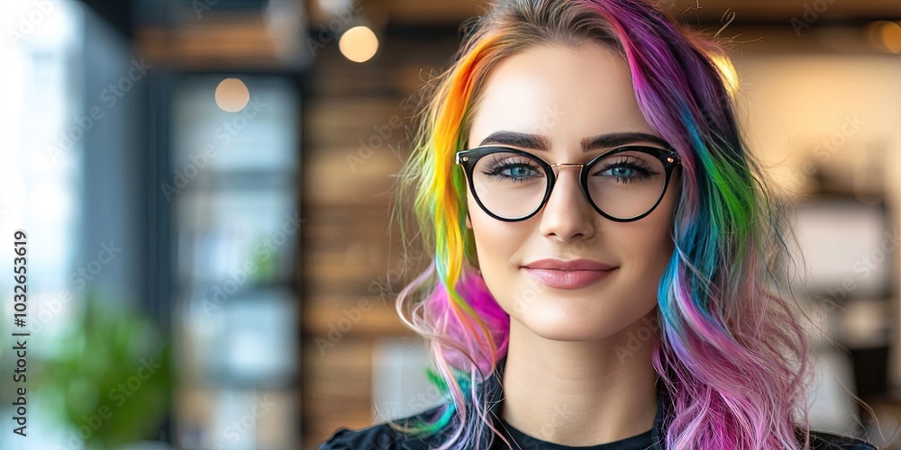 professional female executive with rainbow hair, modern office ...