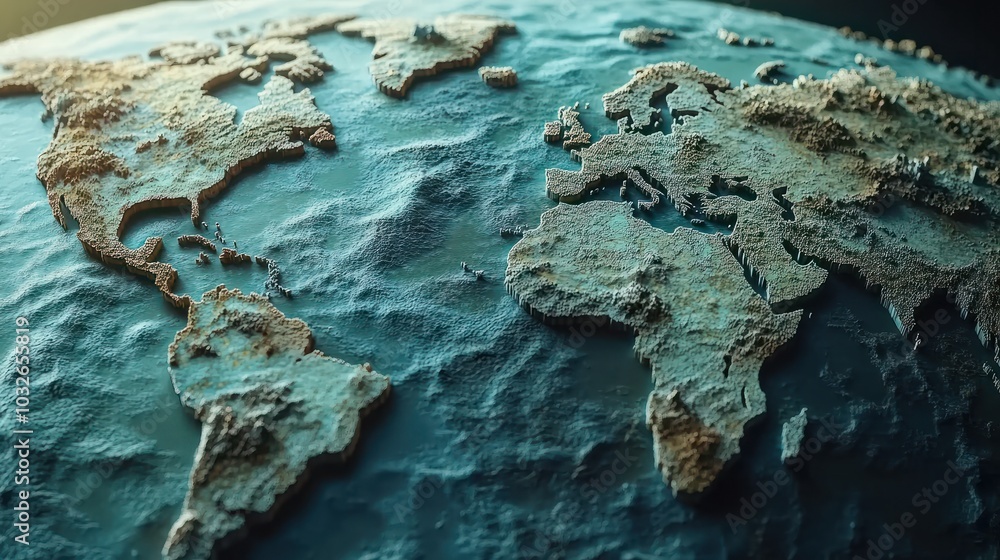 Detailed flat map of continents and oceans on a textured world map on a ...