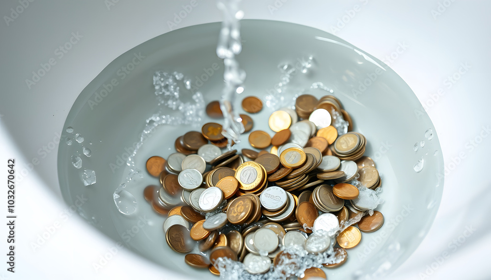 cleaning coins in wash basin sink. wasting and lost money when leaving ...