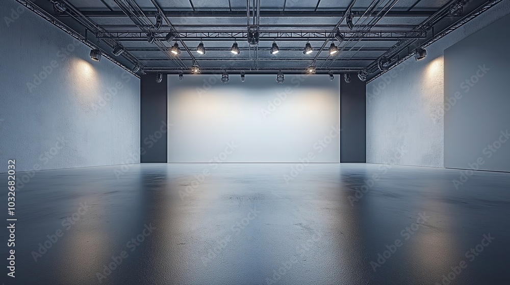 Minimalist studio with smooth grey floor and white cyc wall ...